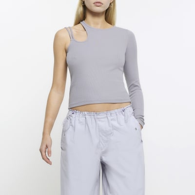 Grey ribbed asymmetric cut out top | River Island
