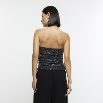 Grey sequin bandeau top | River Island