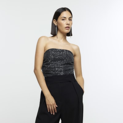 Grey sequin bandeau top | River Island