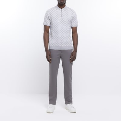 Grey slim fit knitted geometric print polo | River Island