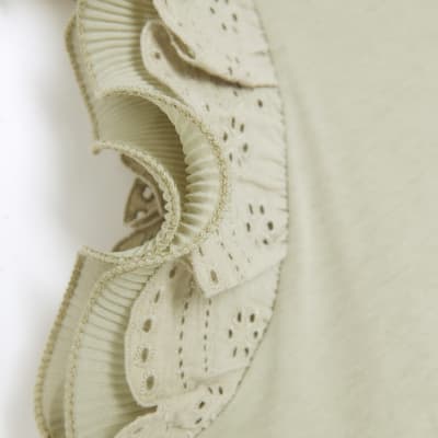 Khaki broderie frill sleeve tank top | River Island