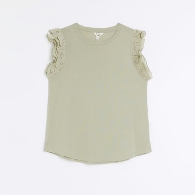 Khaki broderie frill sleeve tank top | River Island