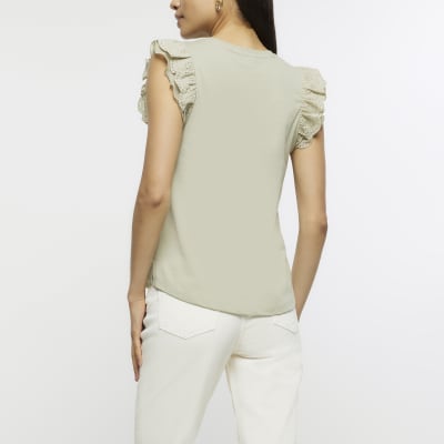 Khaki broderie frill sleeve tank top | River Island