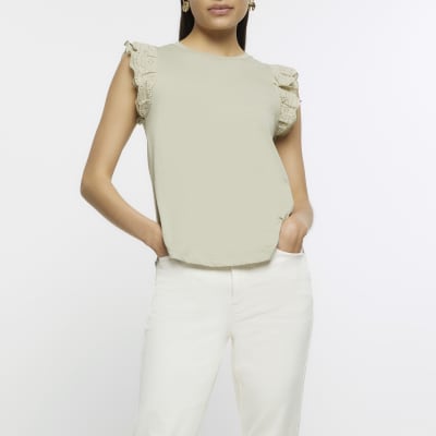 Khaki broderie frill sleeve tank top | River Island