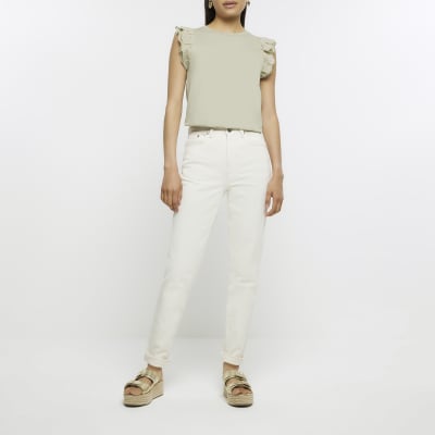 Khaki broderie frill sleeve tank top | River Island