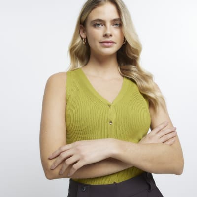 Khaki buttoned up vest top | River Island