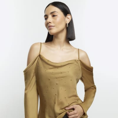 Khaki diamante cold shoulder top | River Island