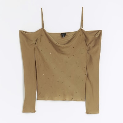 Khaki diamante cold shoulder top | River Island