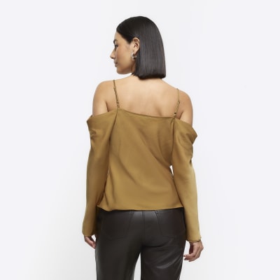 Khaki diamante cold shoulder top | River Island