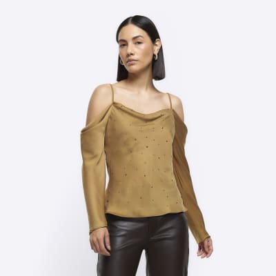 Khaki diamante cold shoulder top | River Island