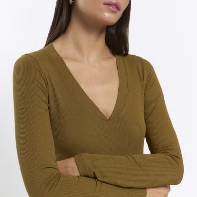 Khaki rib v-neck long sleeve top | River Island