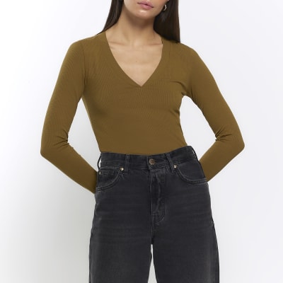 Khaki rib v-neck long sleeve top | River Island
