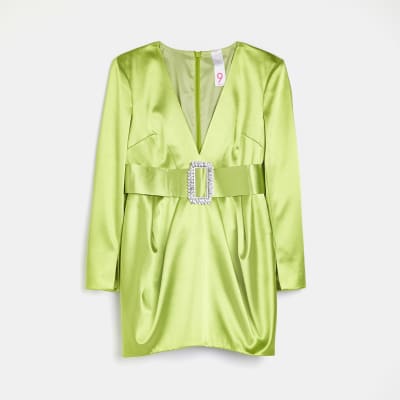 Lime Green Satin Long Sleeve Mini Dress River Island
