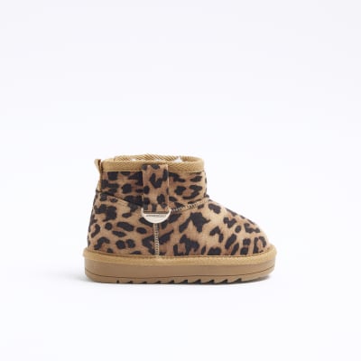 Mini girls brown suedette leopard boots | River Island