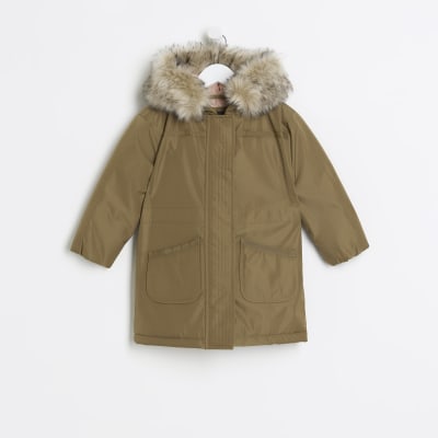 Mini girls Khaki faux fur hooded parka coat | River Island
