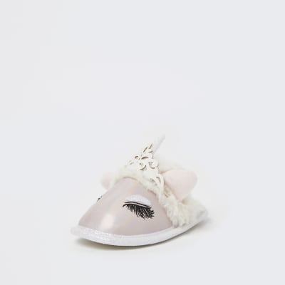 Mini girls pink unicorn slippers | River Island