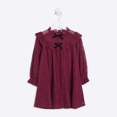 Mini Girls Red Lace Long Sleeve Smock Dress River Island