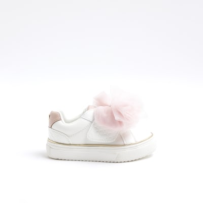 Mini Girls White Bow Velcro Trainers | River Island