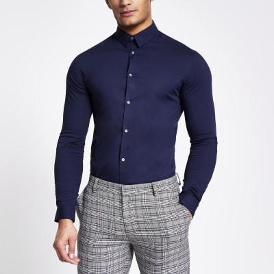 Navy Long Sleeve Muscle Fit Shirt River Island