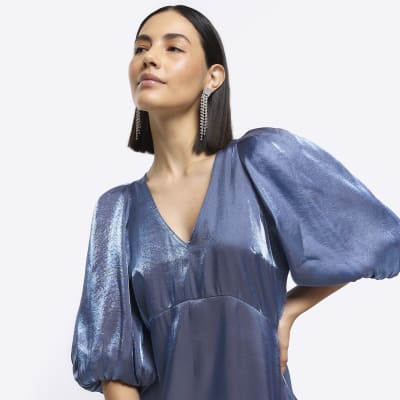 Navy metallic puff sleeve smock midi dress | River Island