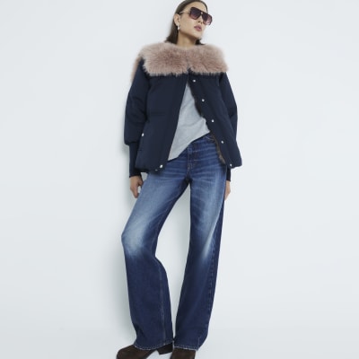 Navy fur collar store