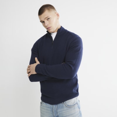 Navy slim fit waffle half zip jumper | River Island