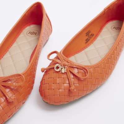 Orange weave bow ballet pumps | River Island