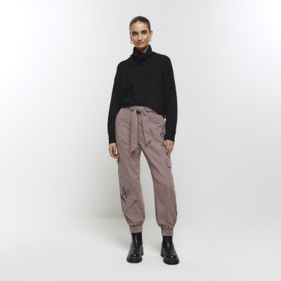Pink embroidered belted cargo trousers | River Island