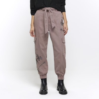 Pink embroidered belted cargo trousers | River Island