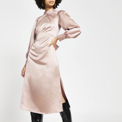 Pink Long Sleeve Tie Waist Midi Dress River Island