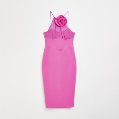 Pink mesh flower bodycon midi dress | River Island