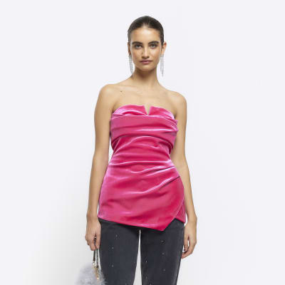 Pink velvet ruched bandeau top | River Island