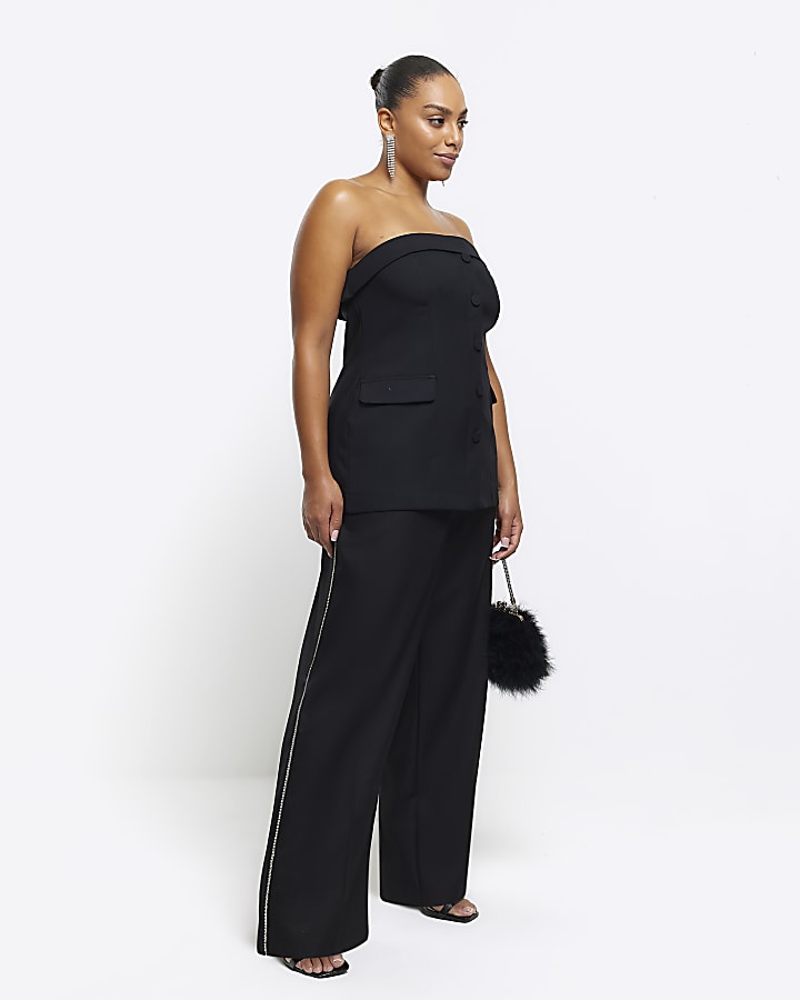 Plus black diamante trim wide leg trousers | River Island Plus black diamante trim wide leg trousers | River Island