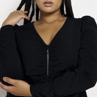 Plus black ruched long sleeve blouse | River Island