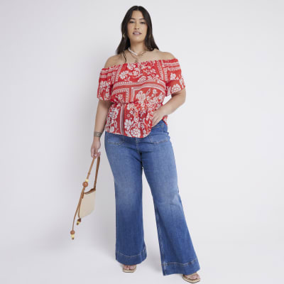 Plus blue high waisted flared jeans | River Island