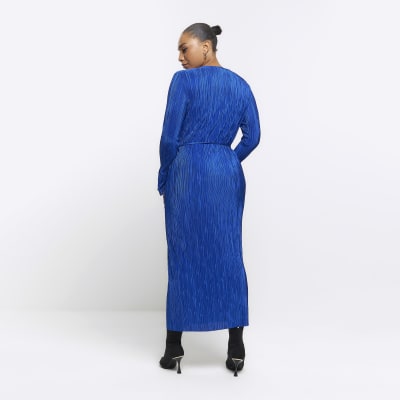 Plus Blue Plisse Bodycon Midi Dress River Island
