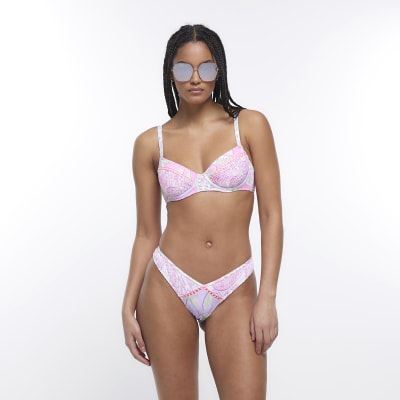 Purple Print Balconette Bikini Top River Island