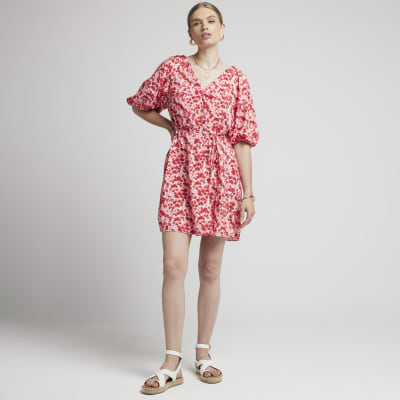 Red floral Belted Swing Mini Dress | River Island