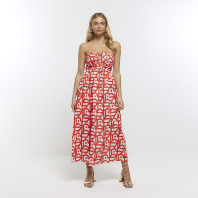 Red print bandeau midi dress | River Island