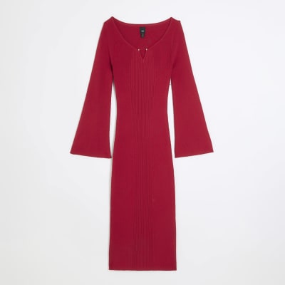 Red Rib Long Sleeve Bodycon Midi Dress River Island