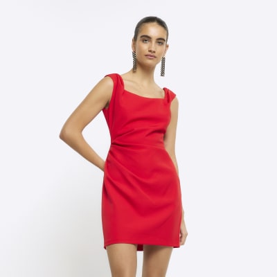 Red ruched bodycon mini dress | River Island
