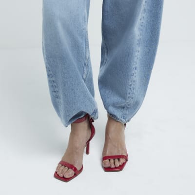Red wide fit patent clasp heeled sandals | River Island