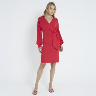 Red Wrap Belted Midi Dress | River Island