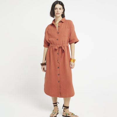 Rust textured belted midi shirt dress | River Island