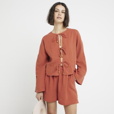 Rust textured tie front top | River Island