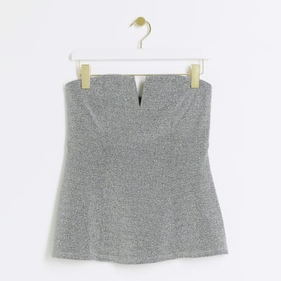 Silver glitter bandeau V neck top | River Island