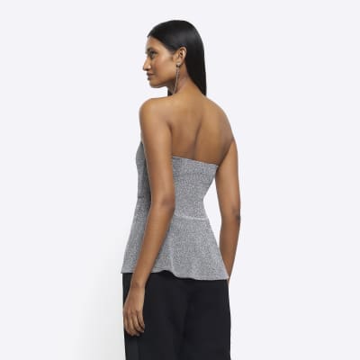 Silver glitter bandeau V neck top | River Island