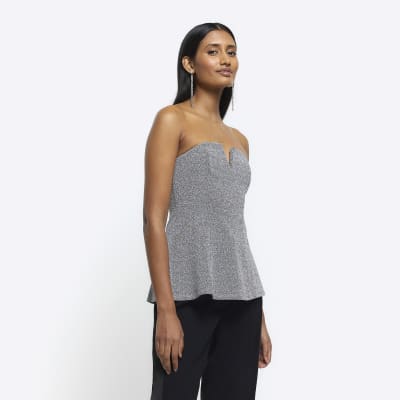 Silver glitter bandeau V neck top | River Island