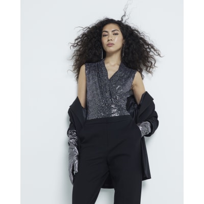 Silver Metallic Wrap Bodysuit | River Island