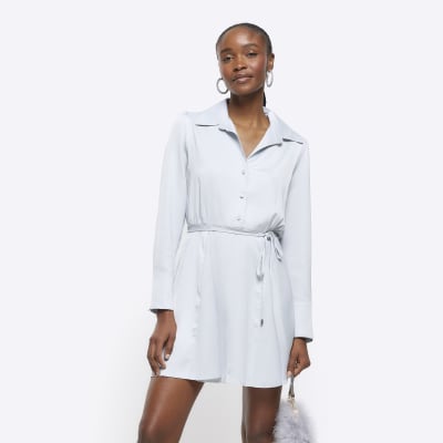 Silver satin tie waist mini shirt dress | River Island